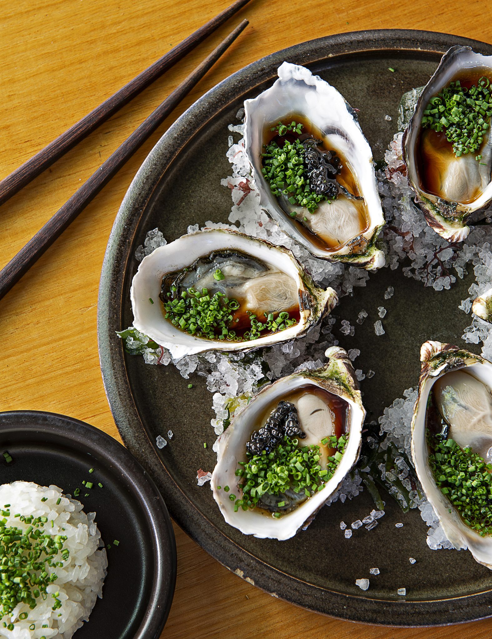 Oysters with tosazu sauce, garlic oil