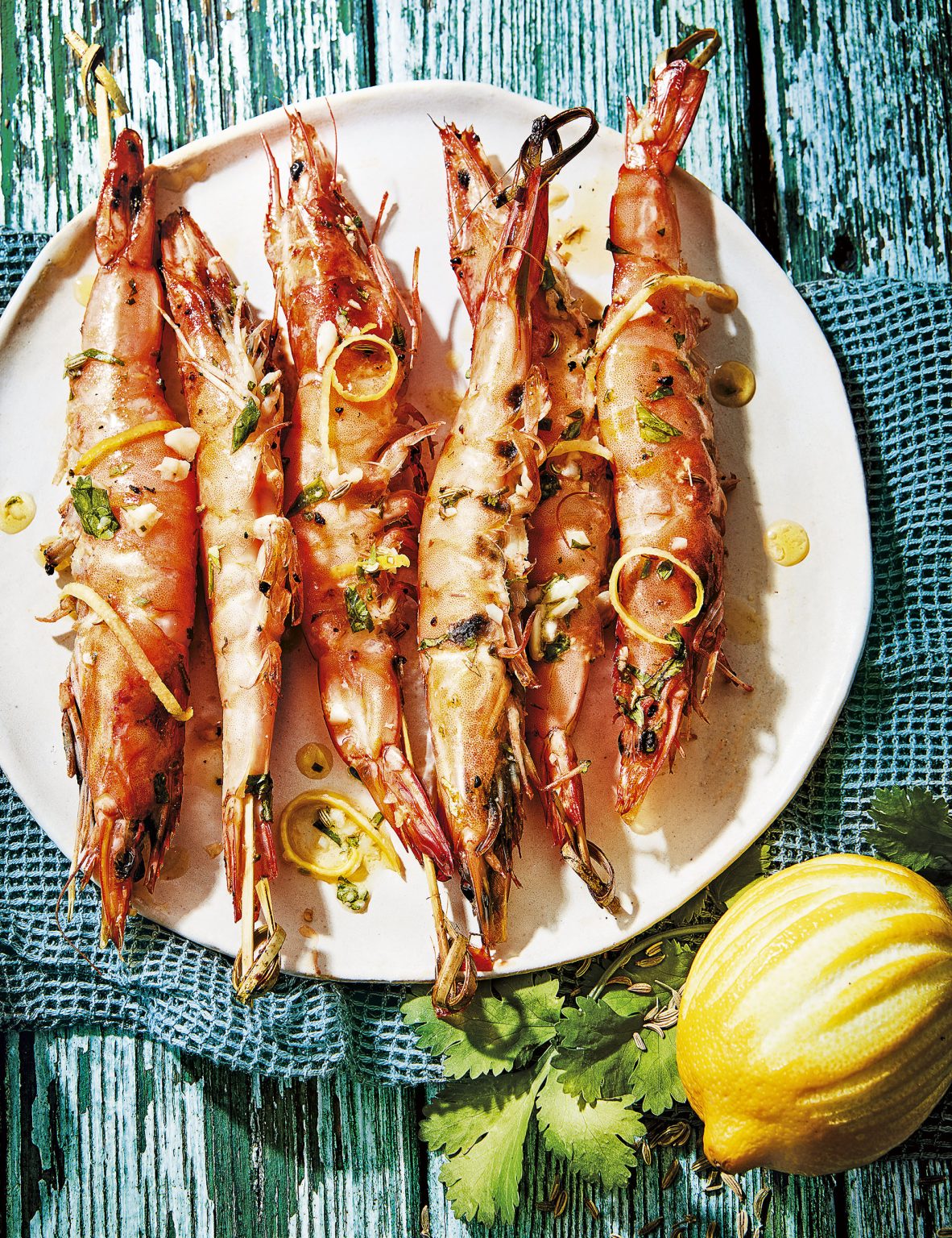 Prawns, pastis marinade, garlic and olive oil